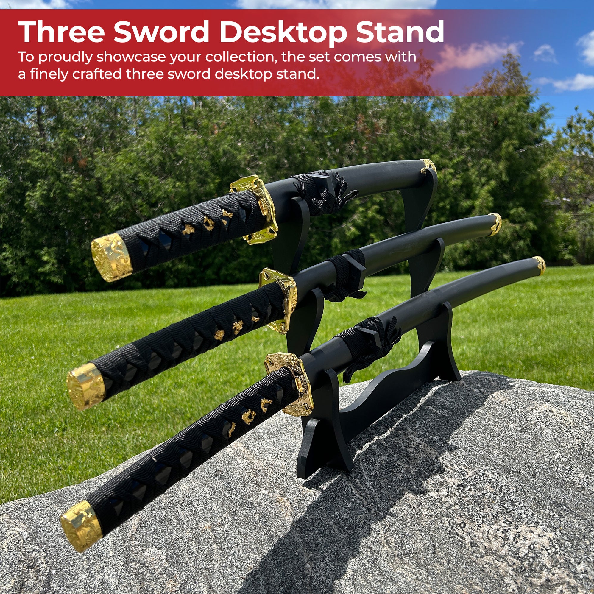 Black Dragon Three Piece Katana Sword Set with Desktop Stand — Medieval ...