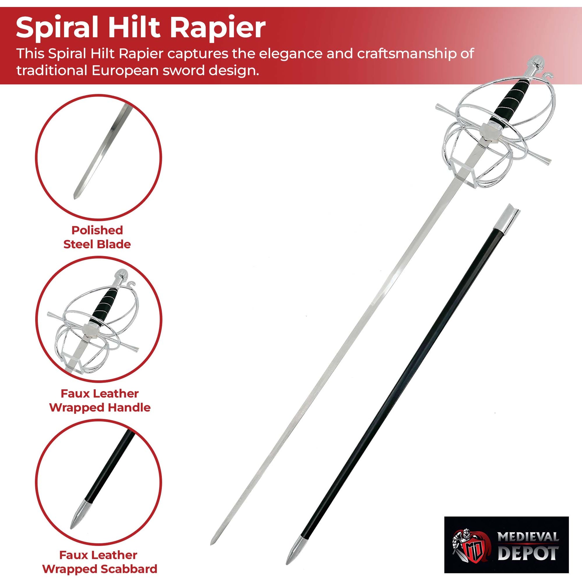 Elegant Renaissance Rapier with Black Swept Hilt and Spiral Guard ...