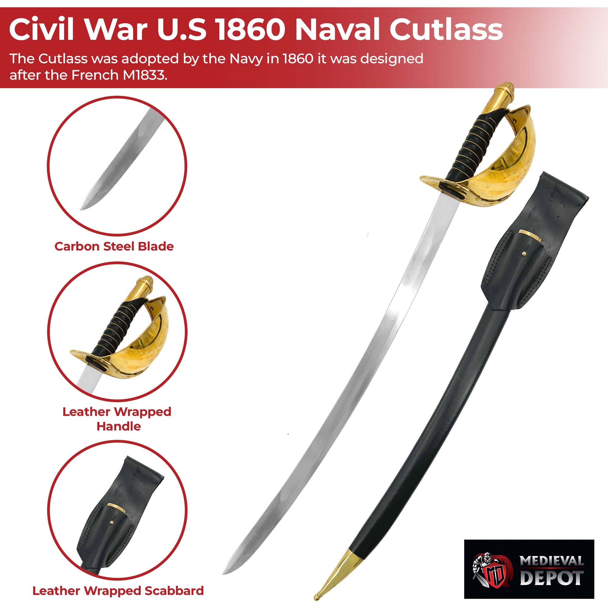 Civil War U.S 1860 Naval Cutlass Reproduction — Medieval Depot