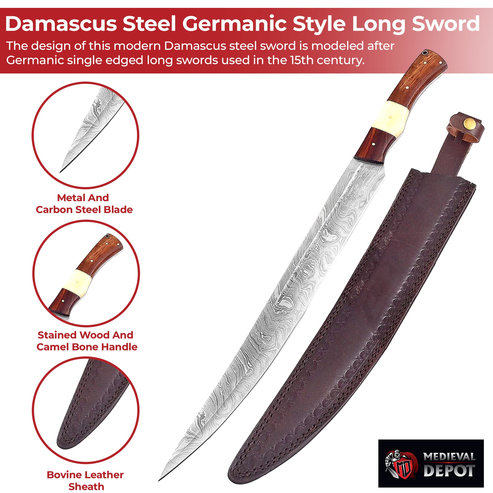 Damascus Steel Full Tang Germanic Style Single-Edged Long Sword ...