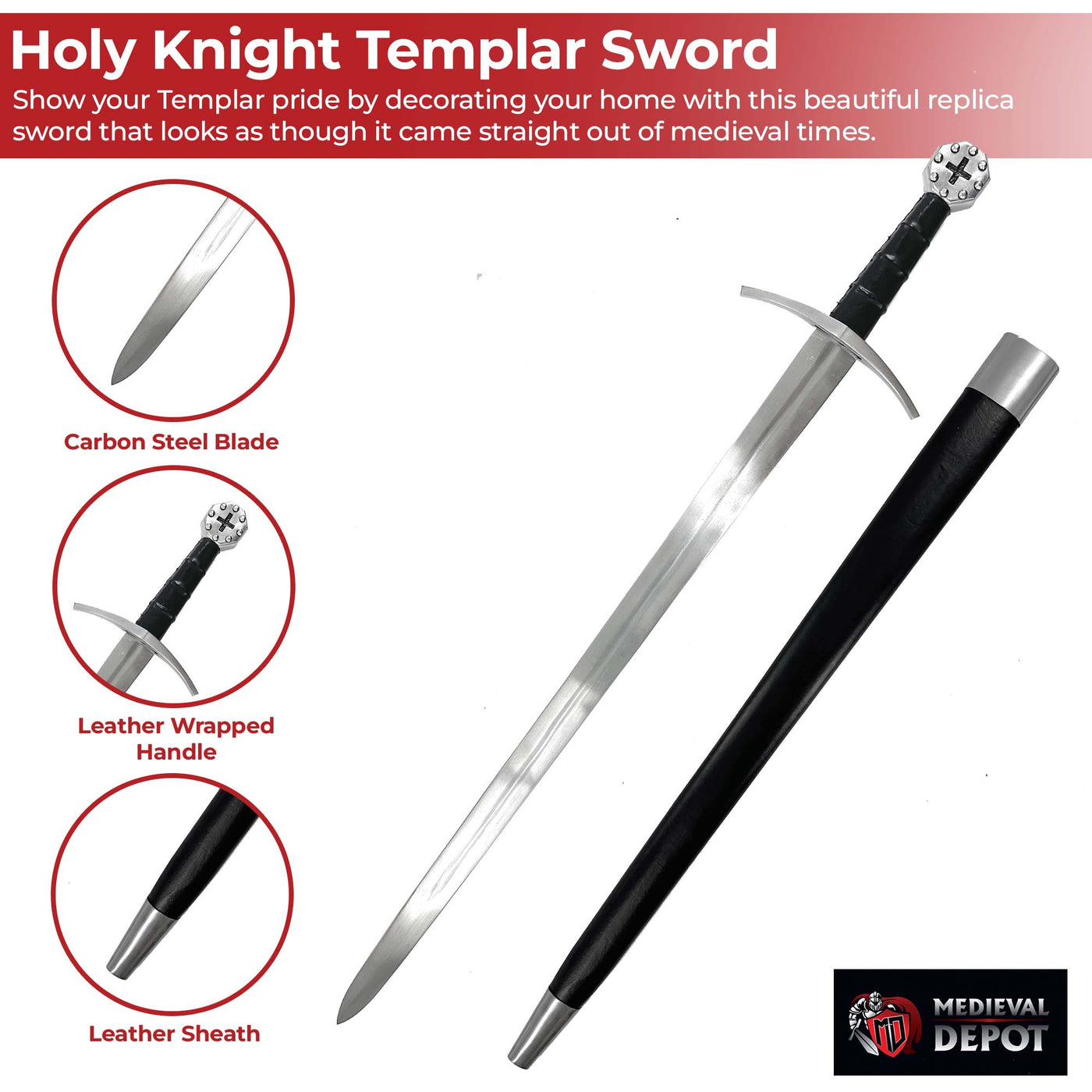 Decorative Medieval Holy Knight Templar Sword with Scabbard — Medieval ...