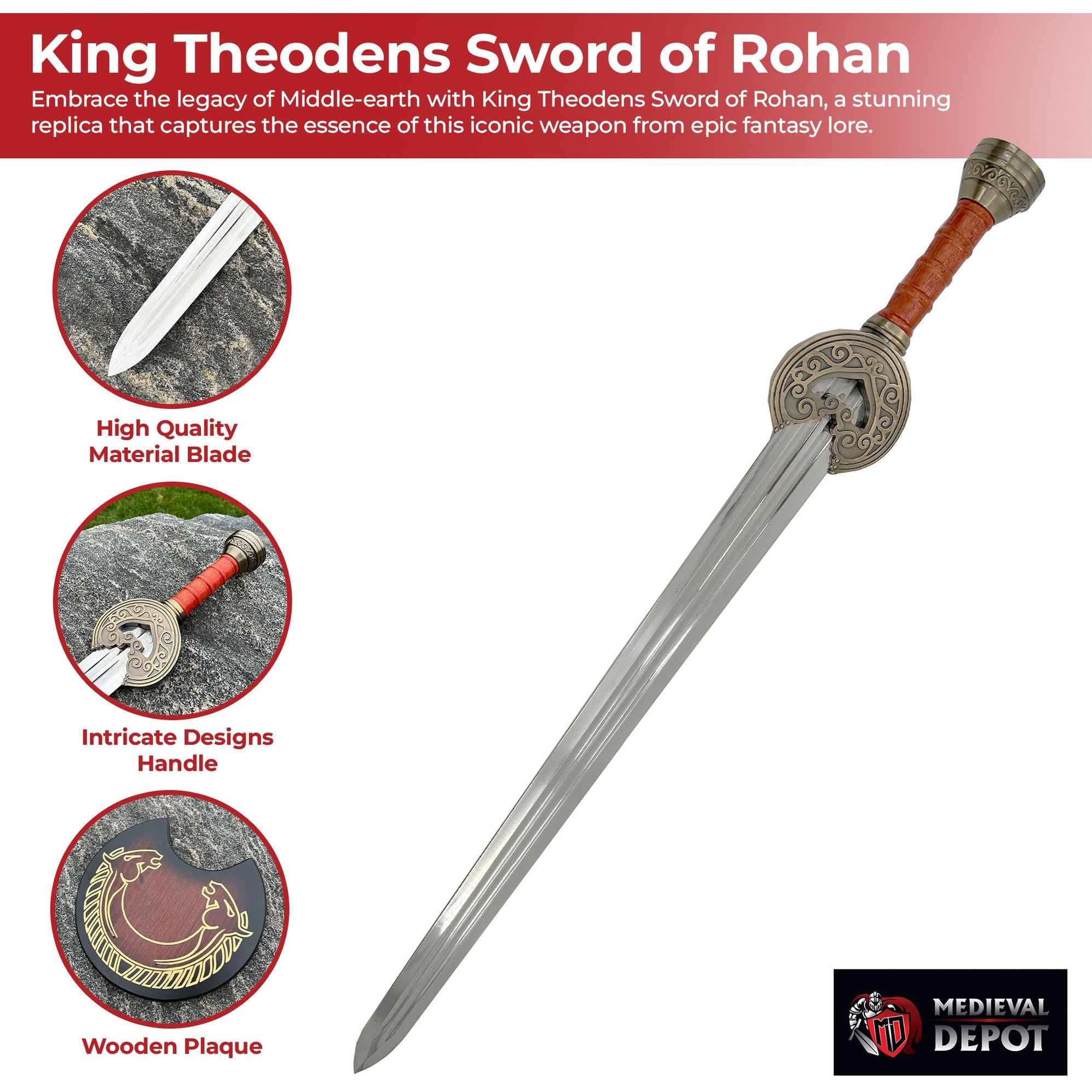 LOTR King Theoden Sword of Rohan with Display Plaque — Medieval Depot