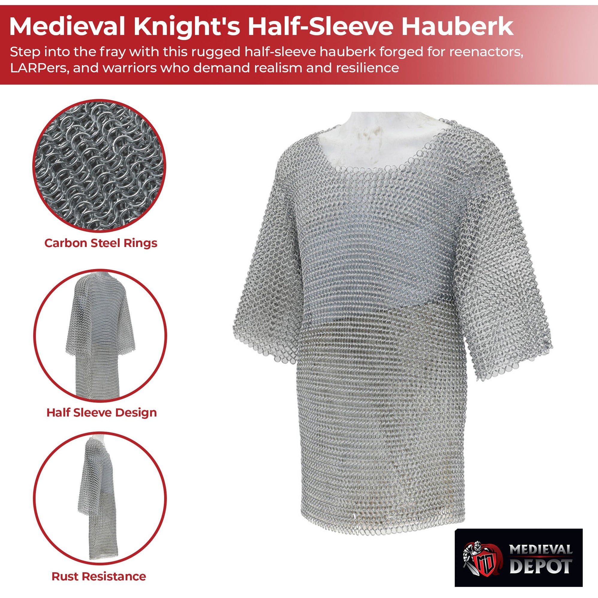 Medieval Knight's Half-Sleeve Chainmail Shirt Hauberk — Medieval Depot