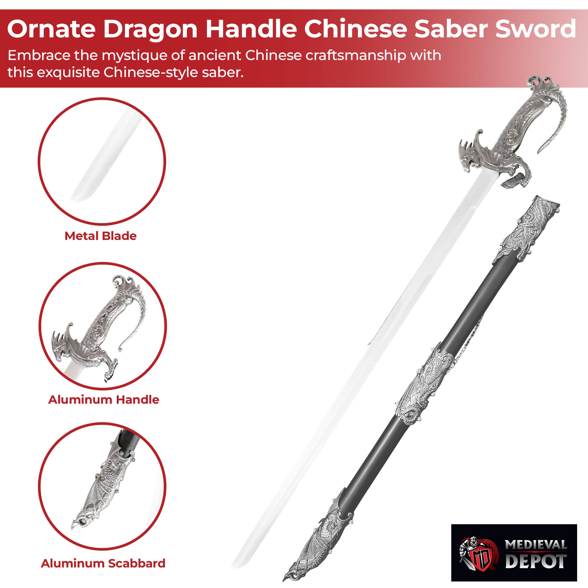 Ornate Dragon Handle Chinese Saber Sword — Medieval Depot