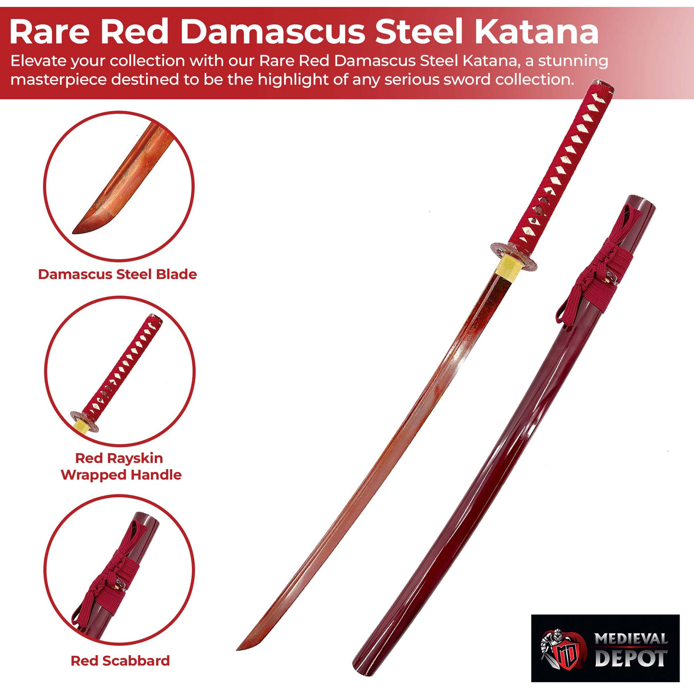 Rare Red Damascus Steel Katana — Medieval Depot