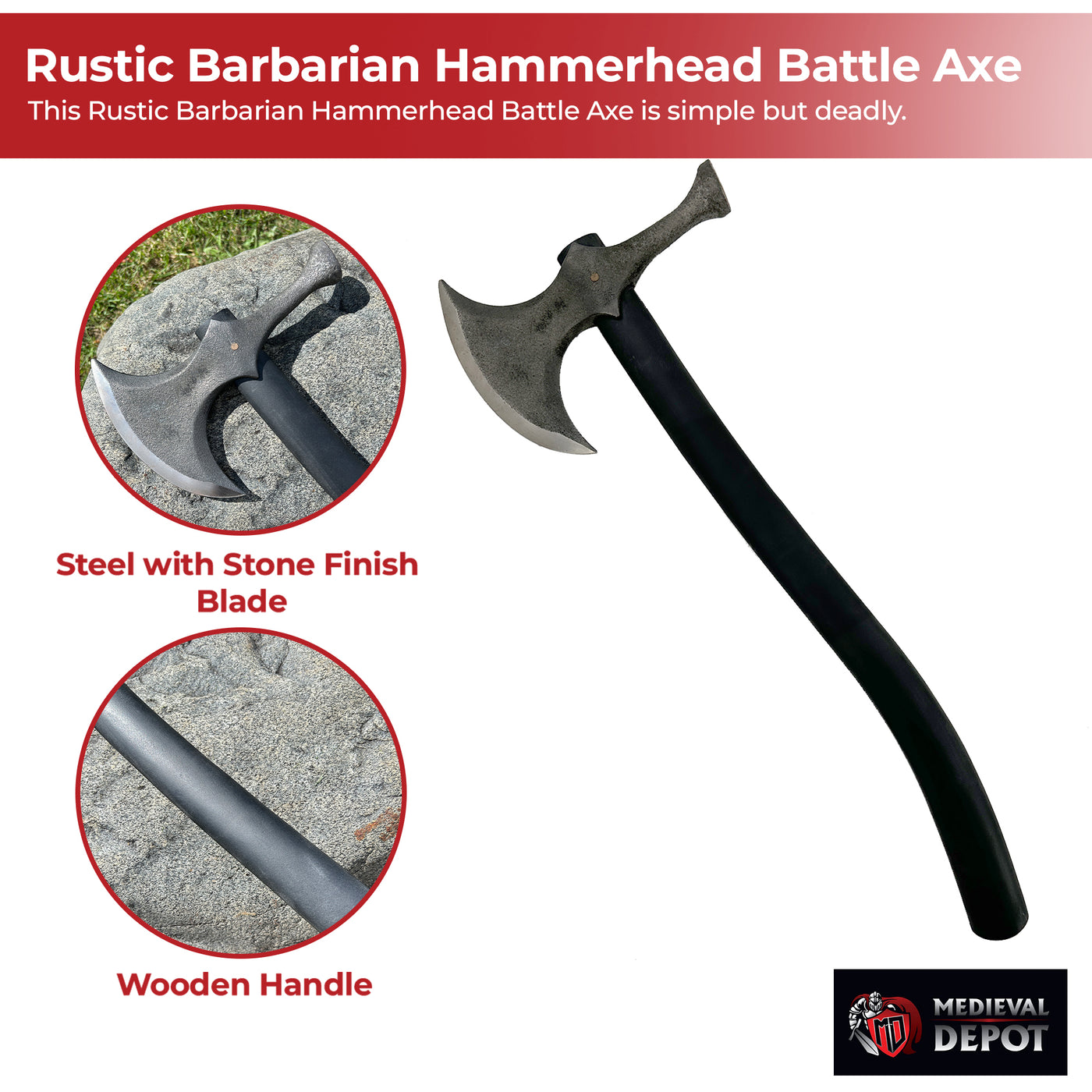 Rustic Barbarian Hammerhead Battle Axe — Medieval Depot
