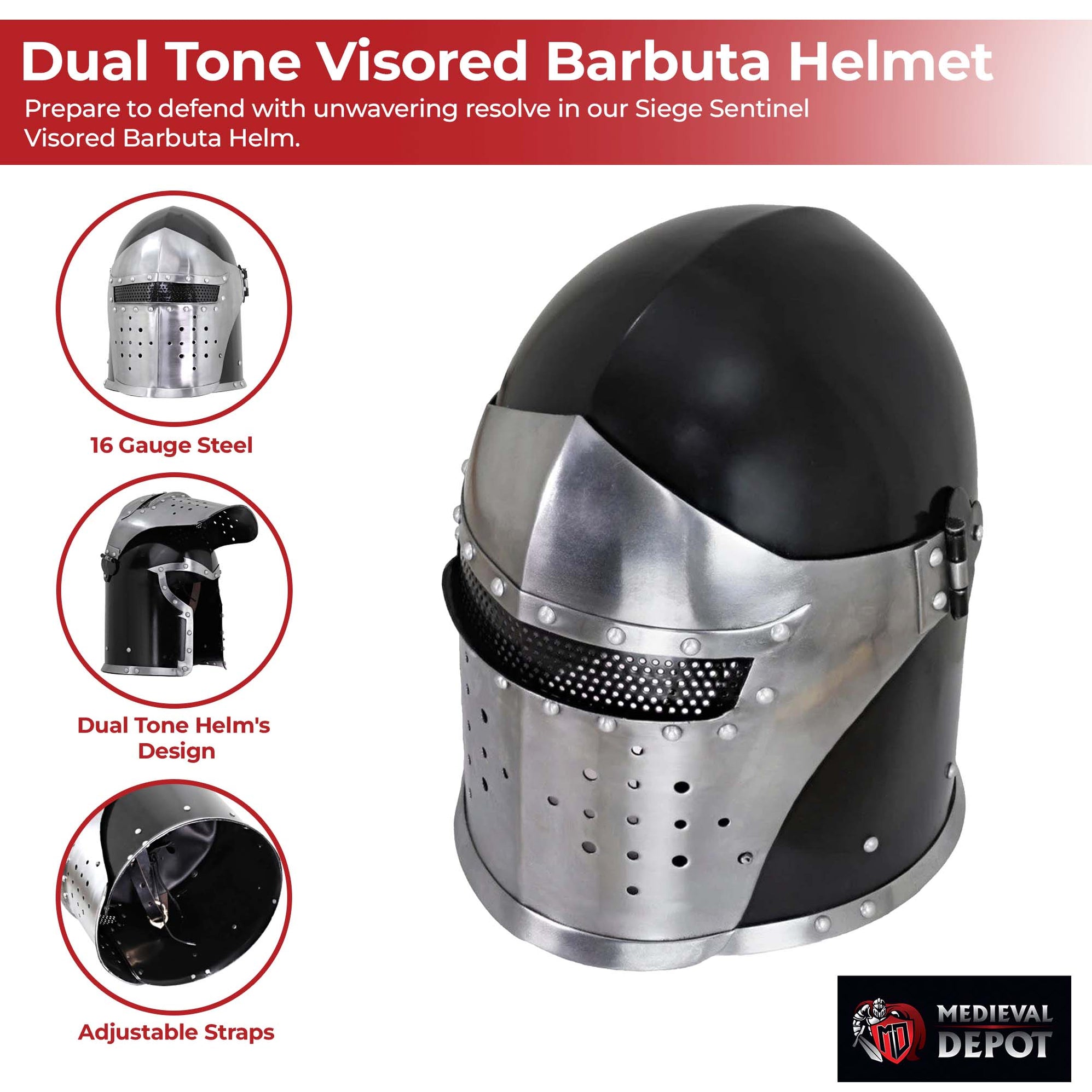 Siege Sentinel Dual Tone Visored Barbuta Helmet — Medieval Depot