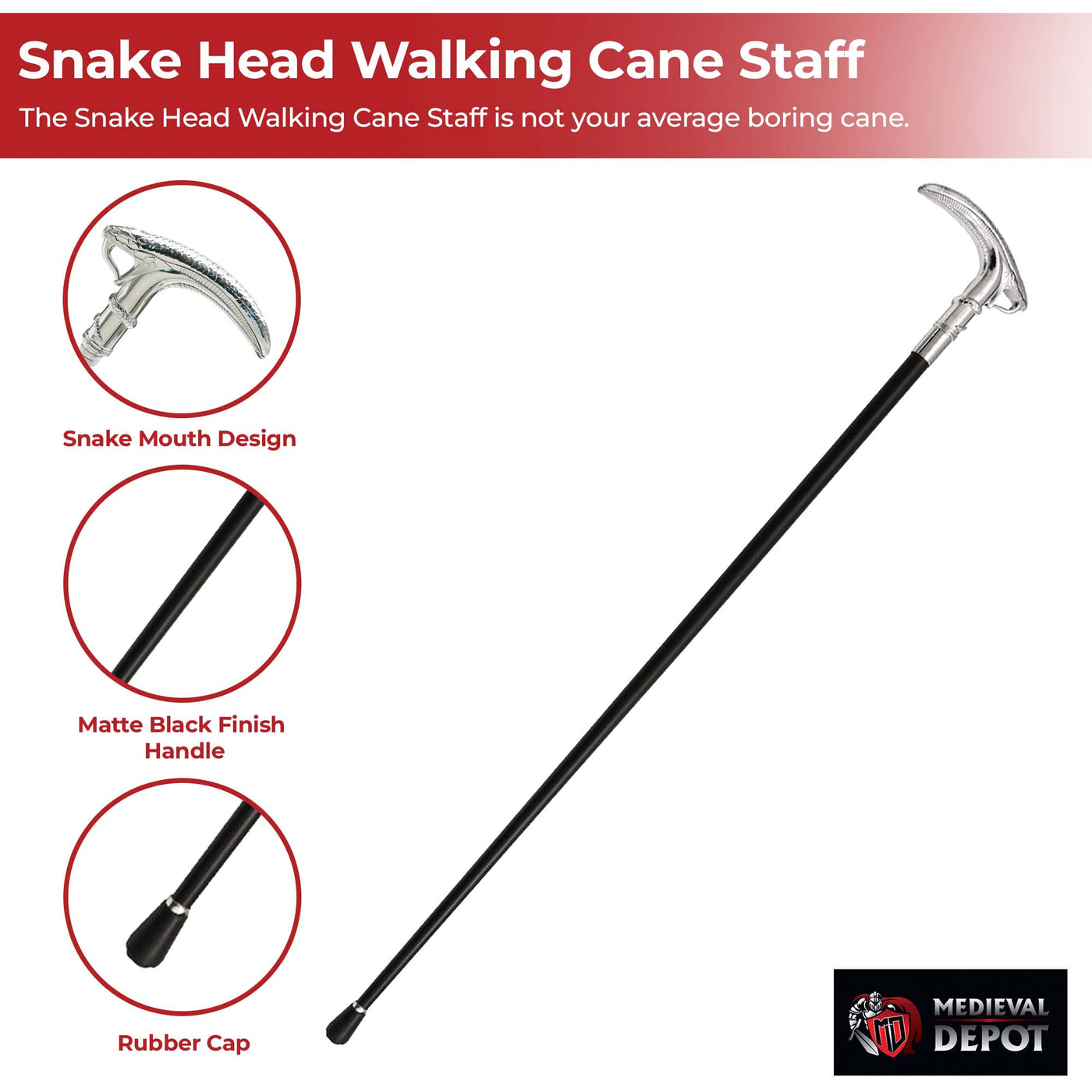 Snake Head Walking Cane Staff — Medieval Depot