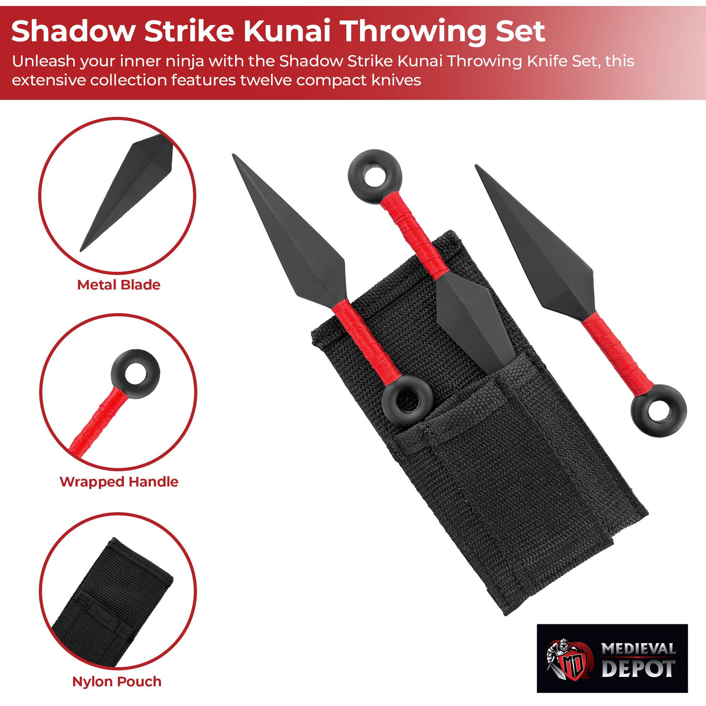 Shadow Strike 12-Piece Red Kunai Throwing Knife Set — Medieval Depot