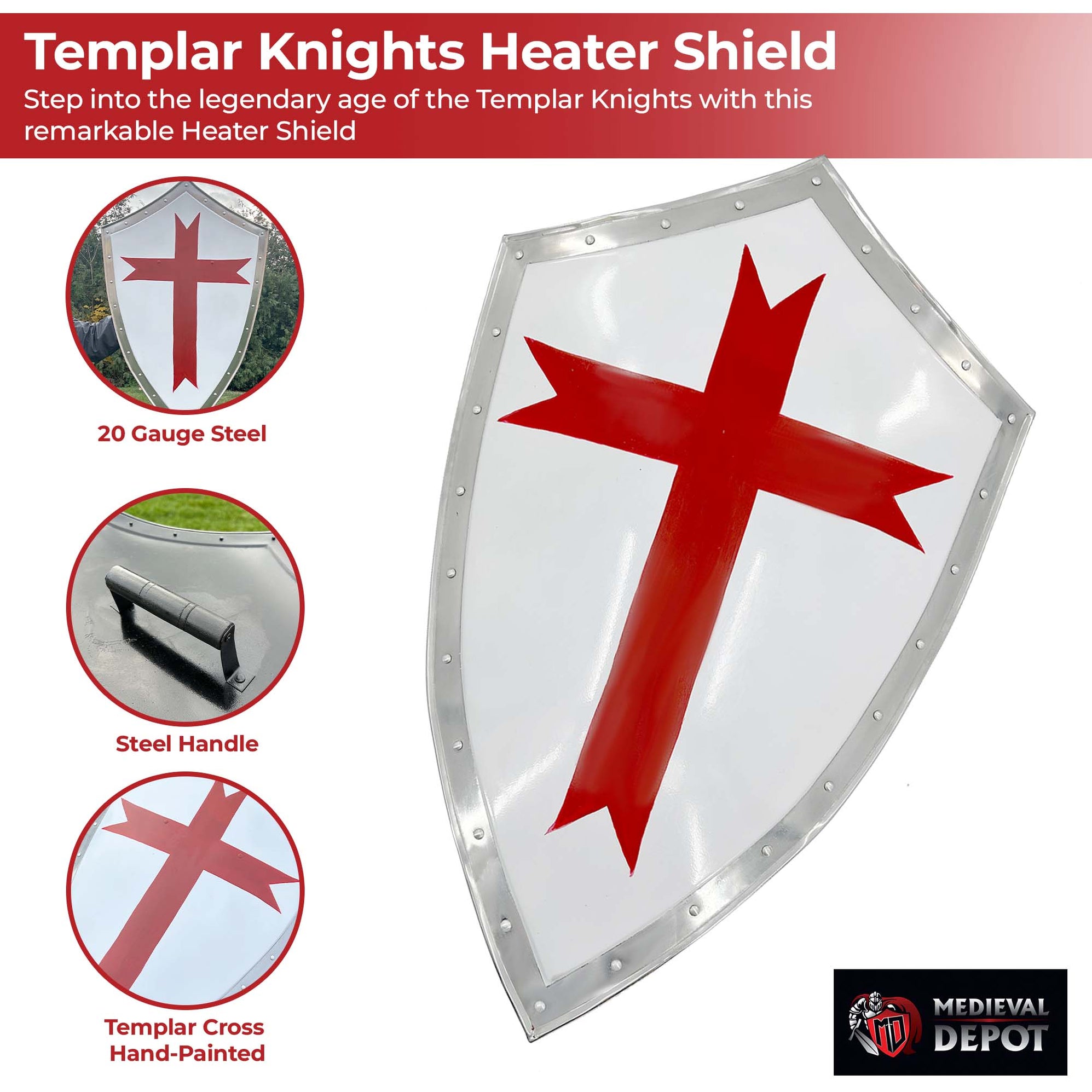 Templar Knights Heater Shield with Cross — Medieval Depot