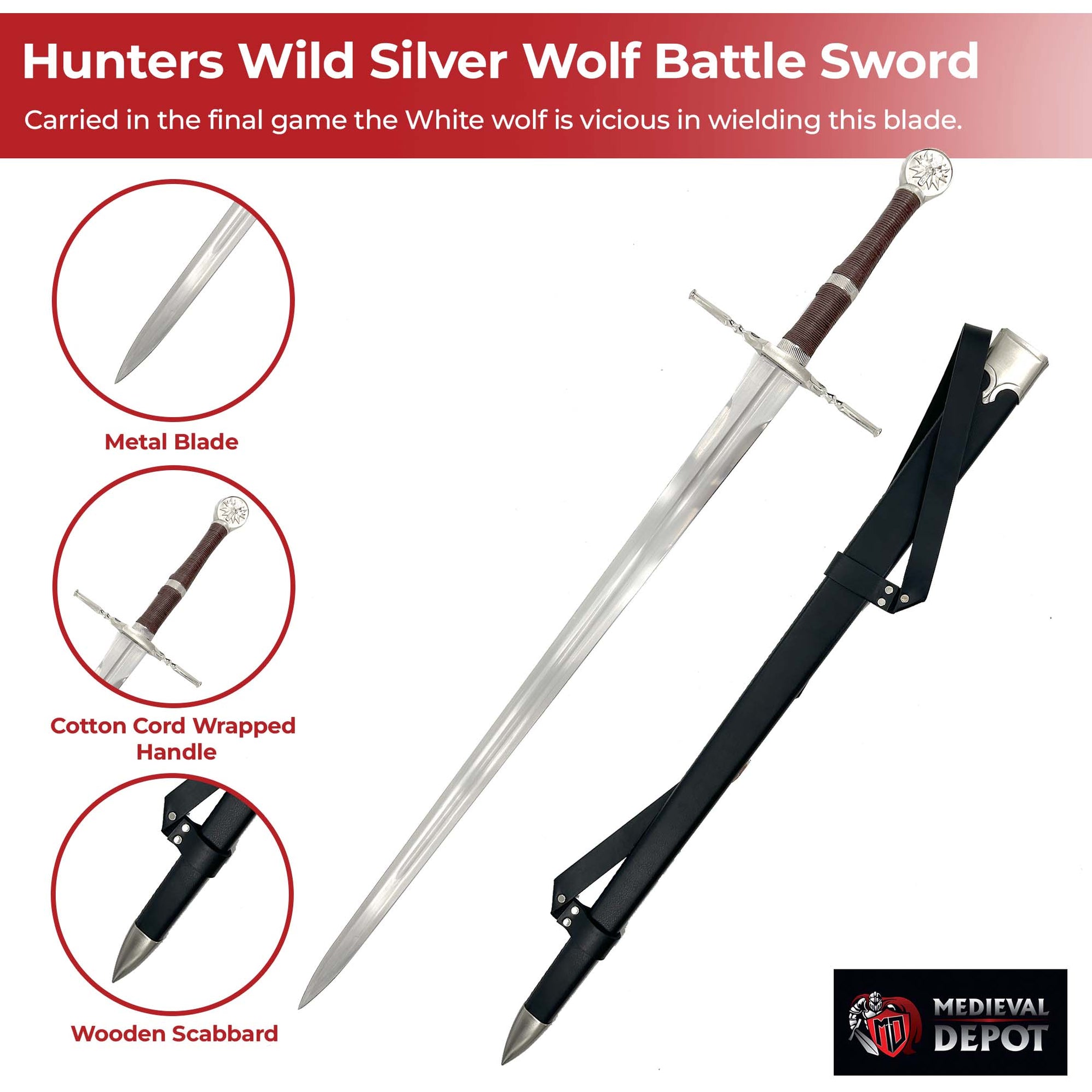 Witcher - Hunters Wild Silver Wolf Battle Sword — Medieval Depot