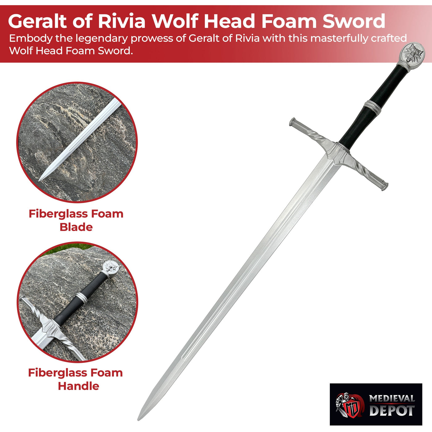 Witcher Geralt Wolf Head Steel Sword Foam Version — Medieval Depot