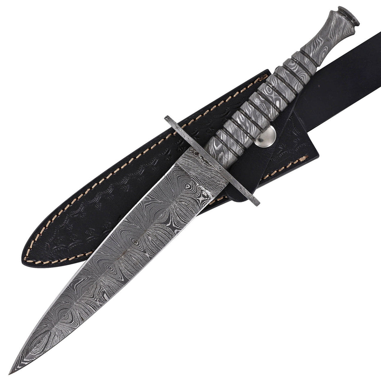 Full Damascus Steel Commando Knife with Leather Sheath — Medieval Depot