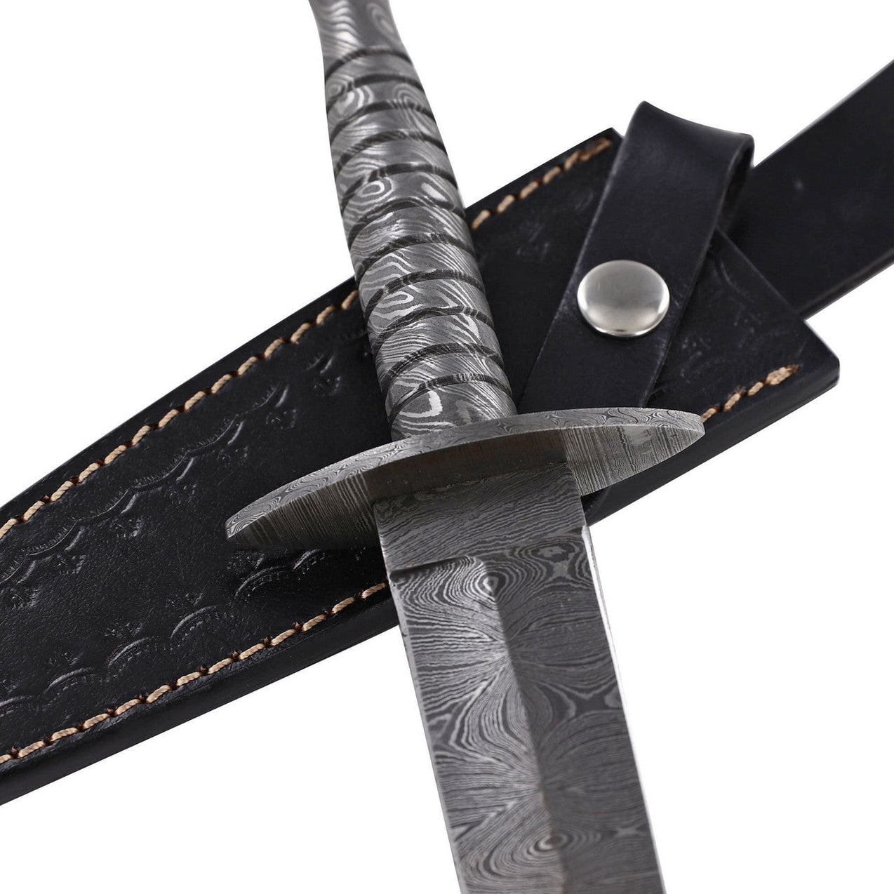 Full Damascus Steel Commando Knife with Leather Sheath — Medieval Depot