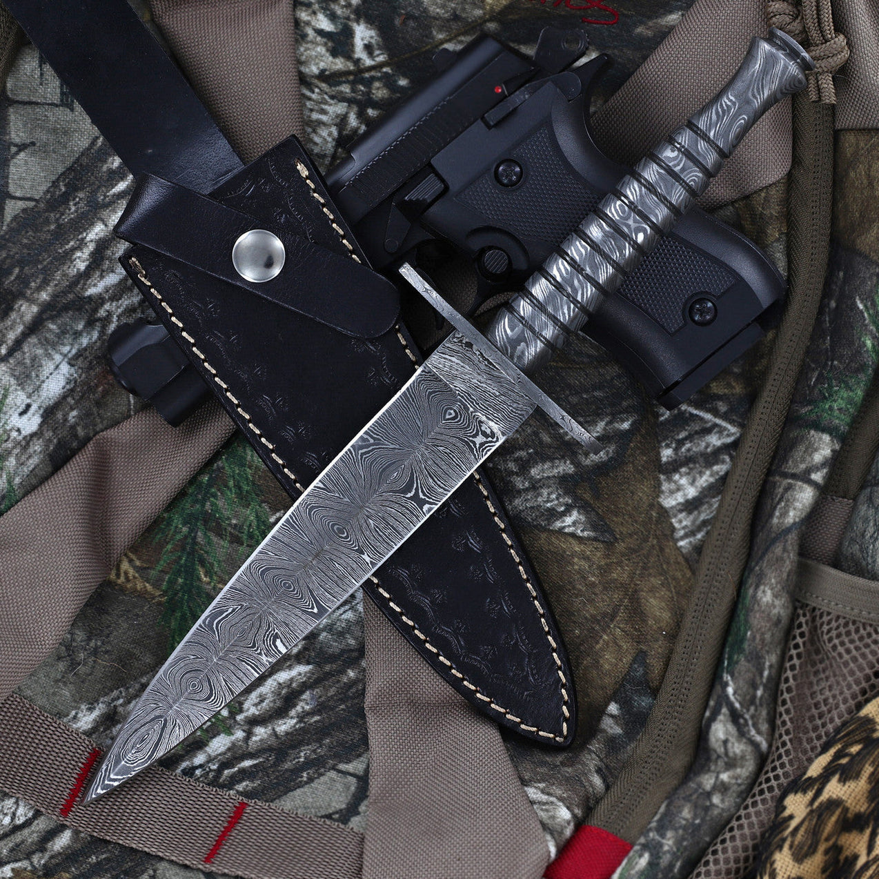 Full Damascus Steel Commando Knife with Leather Sheath — Medieval Depot